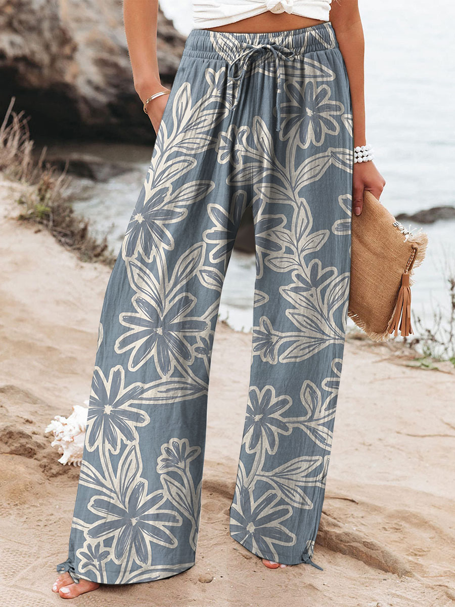 Women's Retro Floral Printed Cotton And Linen Casual Pants