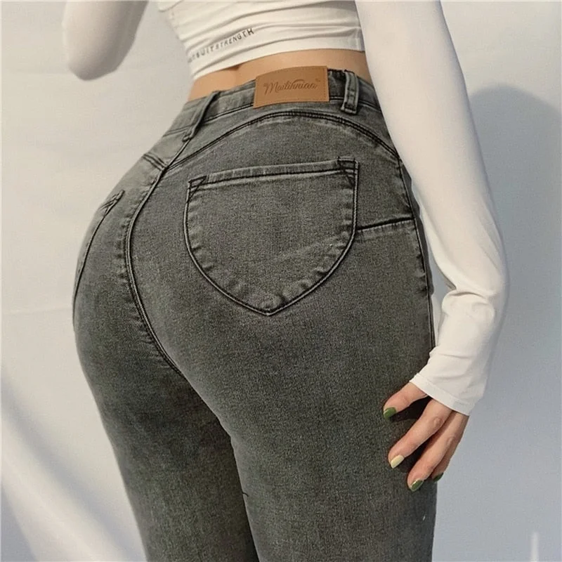 European And American Plus Elastic Jeans Woman High Waist Sexy Peach Hip Gray Woman Pants