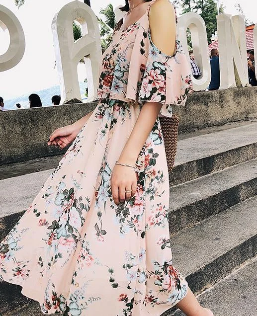Cold Shoulder 2-layer Upper Blossom Floral Chiffon Dress