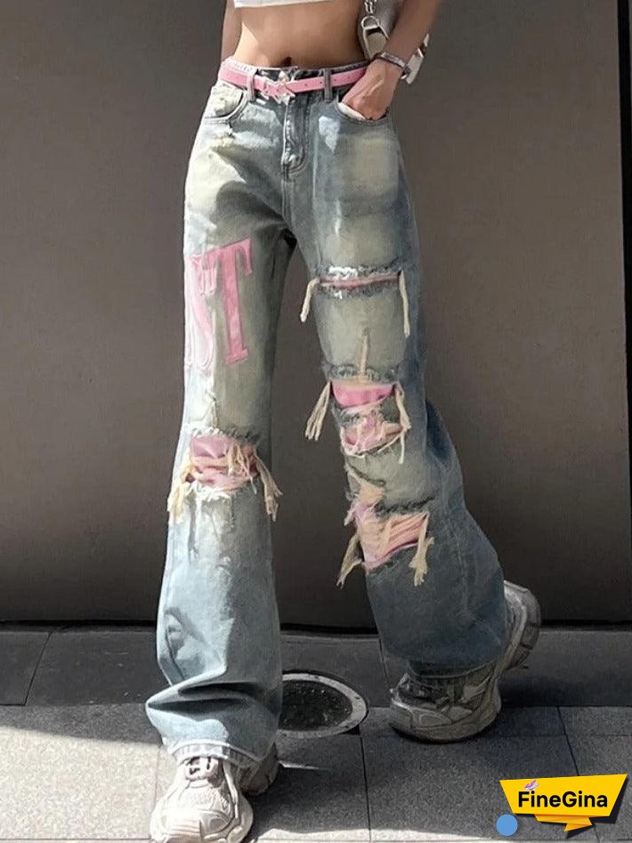 FineGina Y2K Pink Ripped Embroidery Boyfriend Jeans