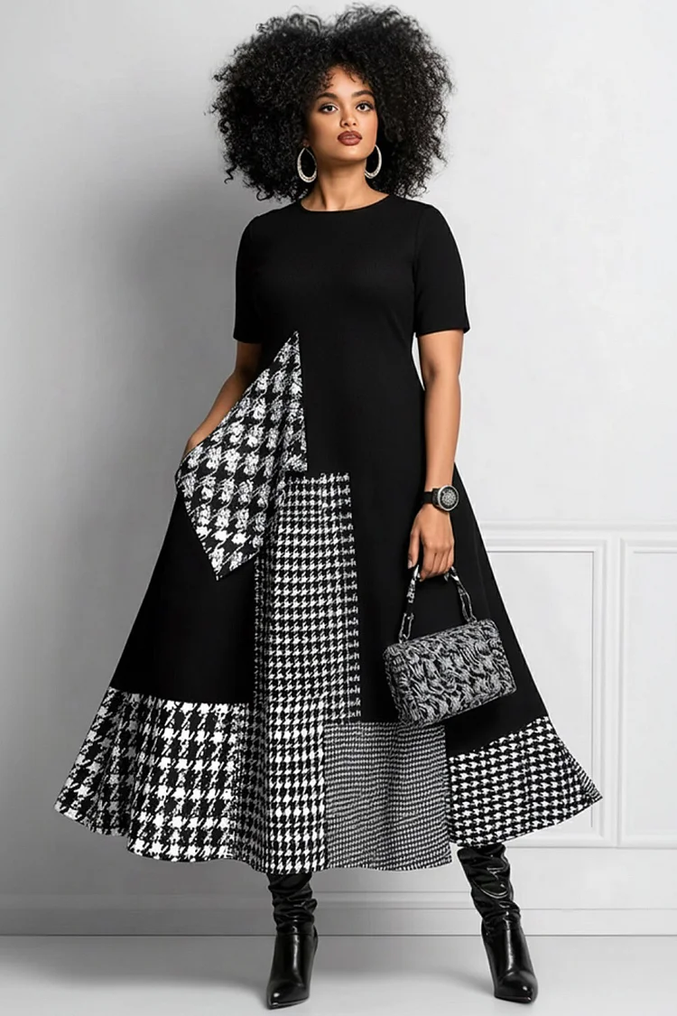 Xpluswear Design Plus Size Daily Black Houndstooth Round Neck Short ...