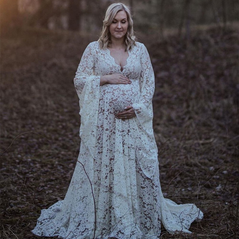 Maternity Boho Style Lace Long Dress