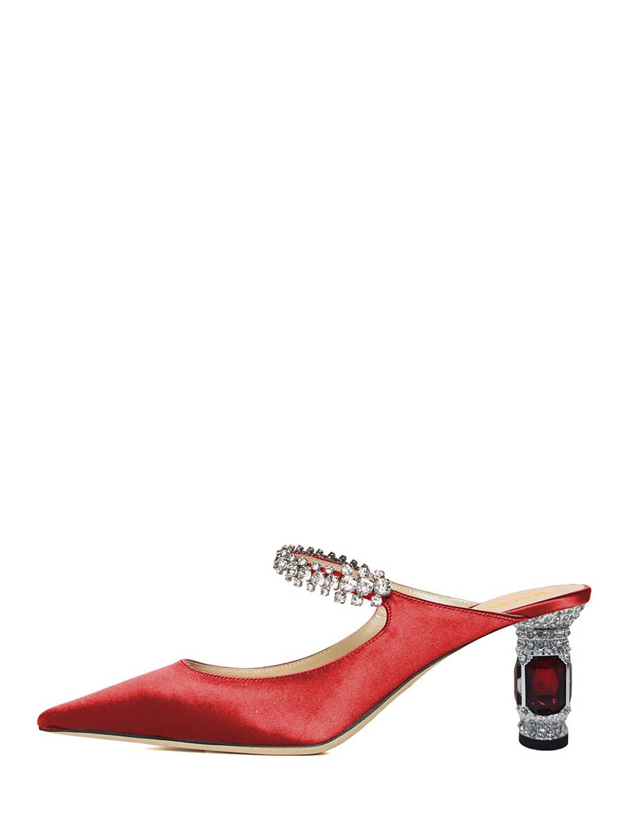 Red Pointed Toe Rhinestone Embellished Elegant Backless Pumps