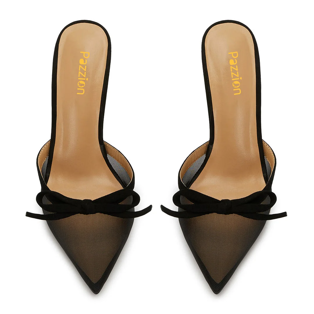 Black Mesh Bow Tie Pointed Toe Stiletto Heel Mule Shoes for Women