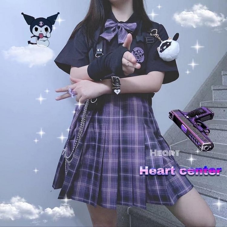 Black Blouse Purple Bow Plaid Skirt JK School Uniforms Three Piece Set ...