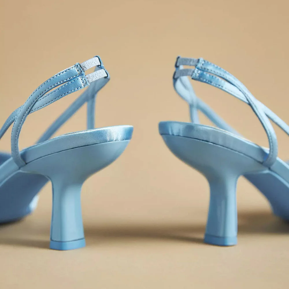 Sky Blue Satin Open Square Toe Slingback Kitten Heels with Bows