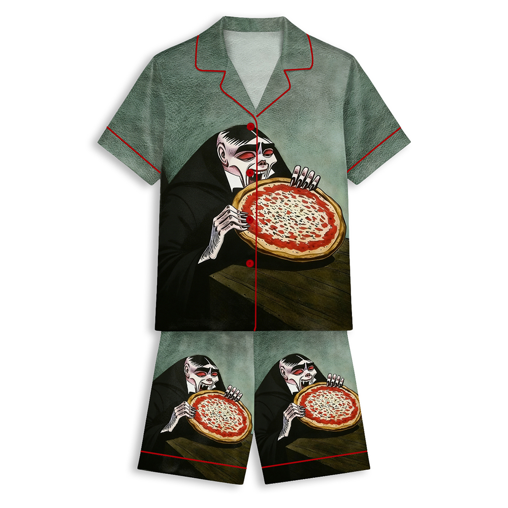 Tokyover Devil Eats Pizza Unisex Short Sleeve Satin Pajama Set