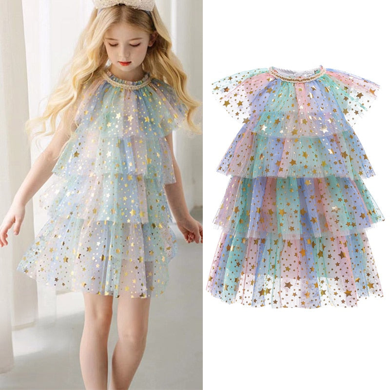 Girls Ruffle Princess Dress Lace Tulle Star Sequins Fluffy Gown For ...