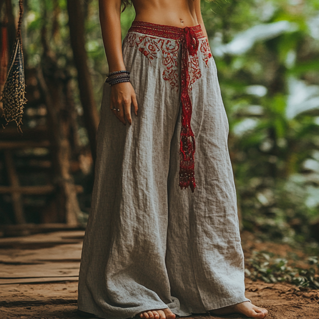 Bohemian Holiday Style Retro Linen Floral Ethnic Totem Print Casual Pants