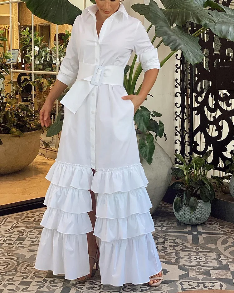 Layered Ruffled Elegant Lace-up Dress