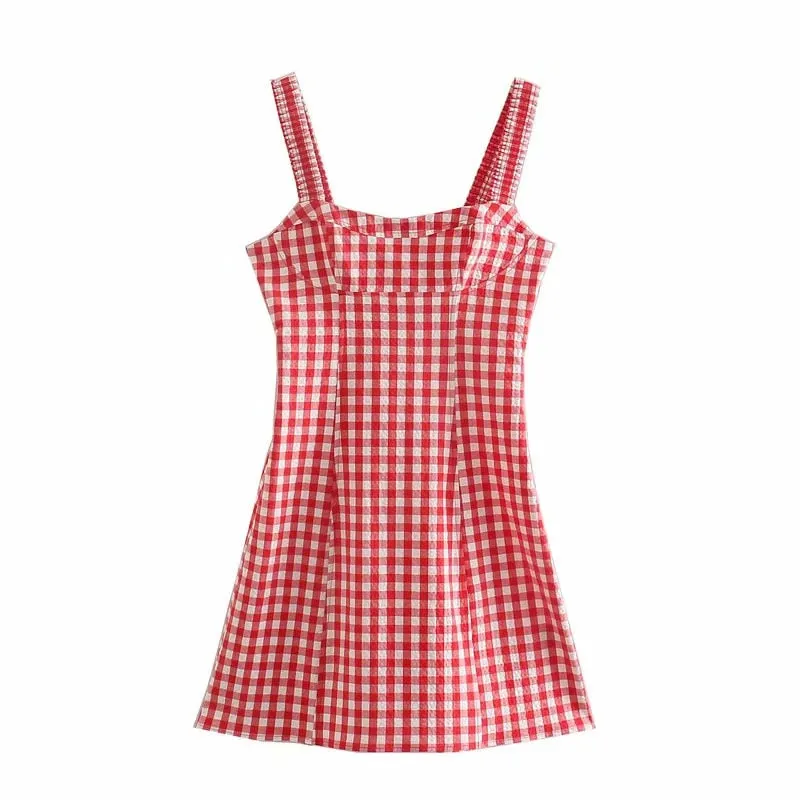 ZA 2021 Plaid Summer Red Straps Dress Women Sleeveless Smocked Gingham ...