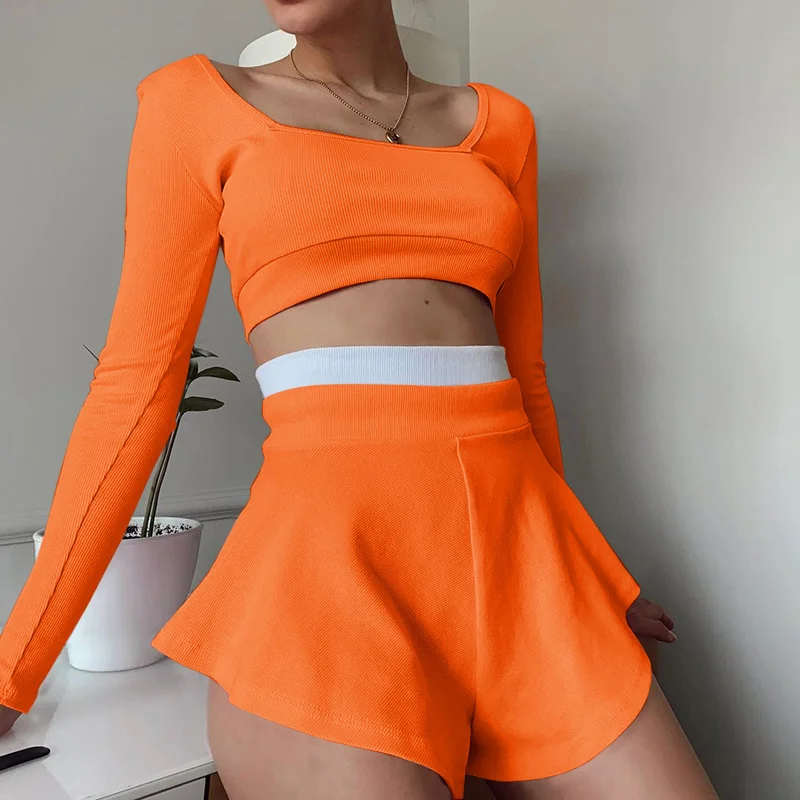 CANDY COLOR CASUAL CROP TOP AND SHORTS SET