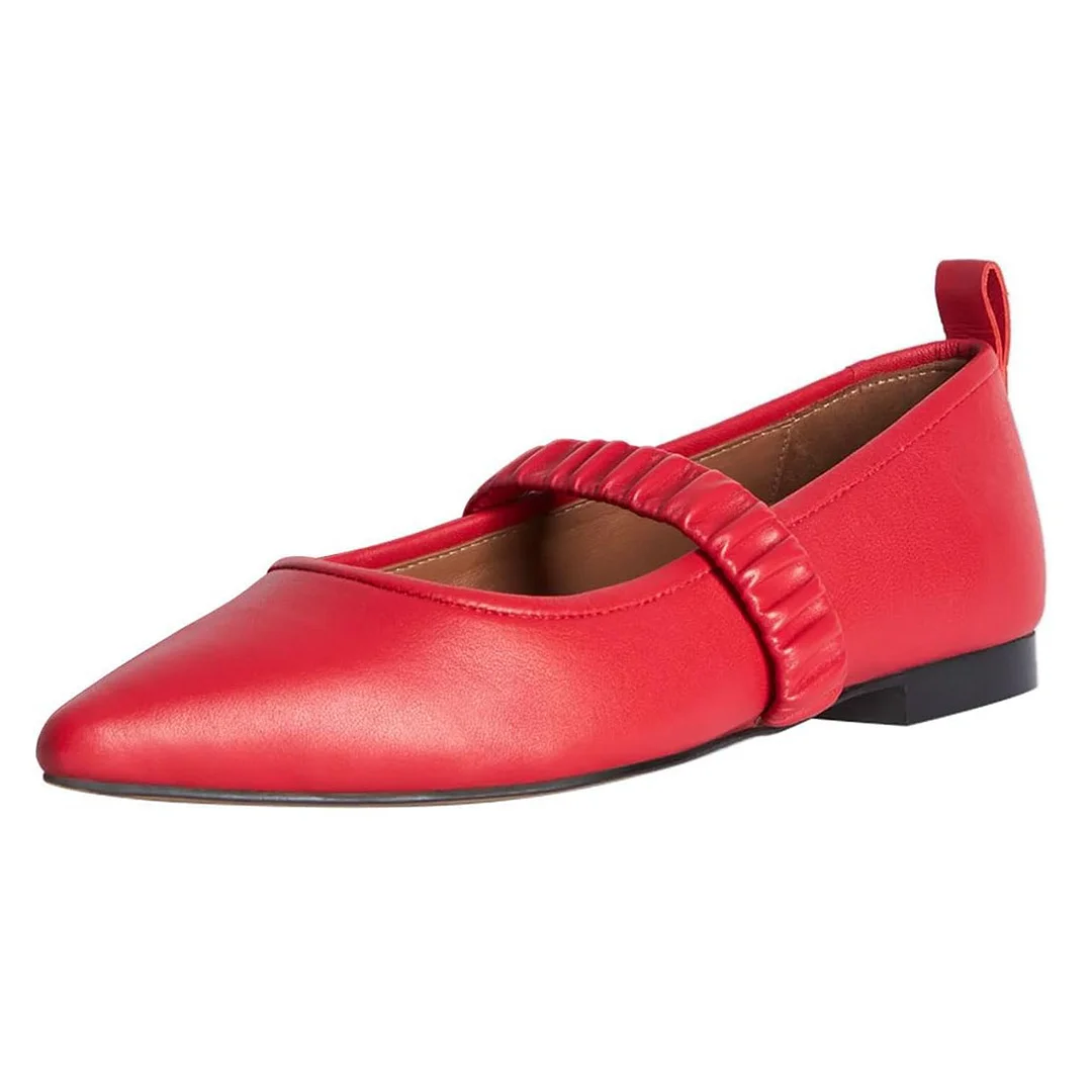 Red Pull Tab Slip-On Pointed Toe Ballet Flat Shoes with Strap