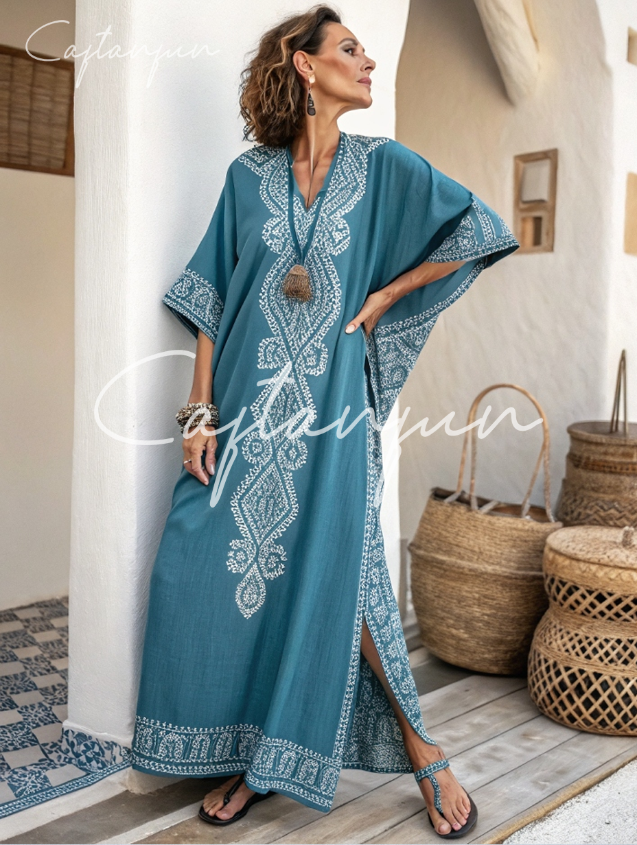 Women's Ethnic Printed Linen V-Neck Kaftan Dress