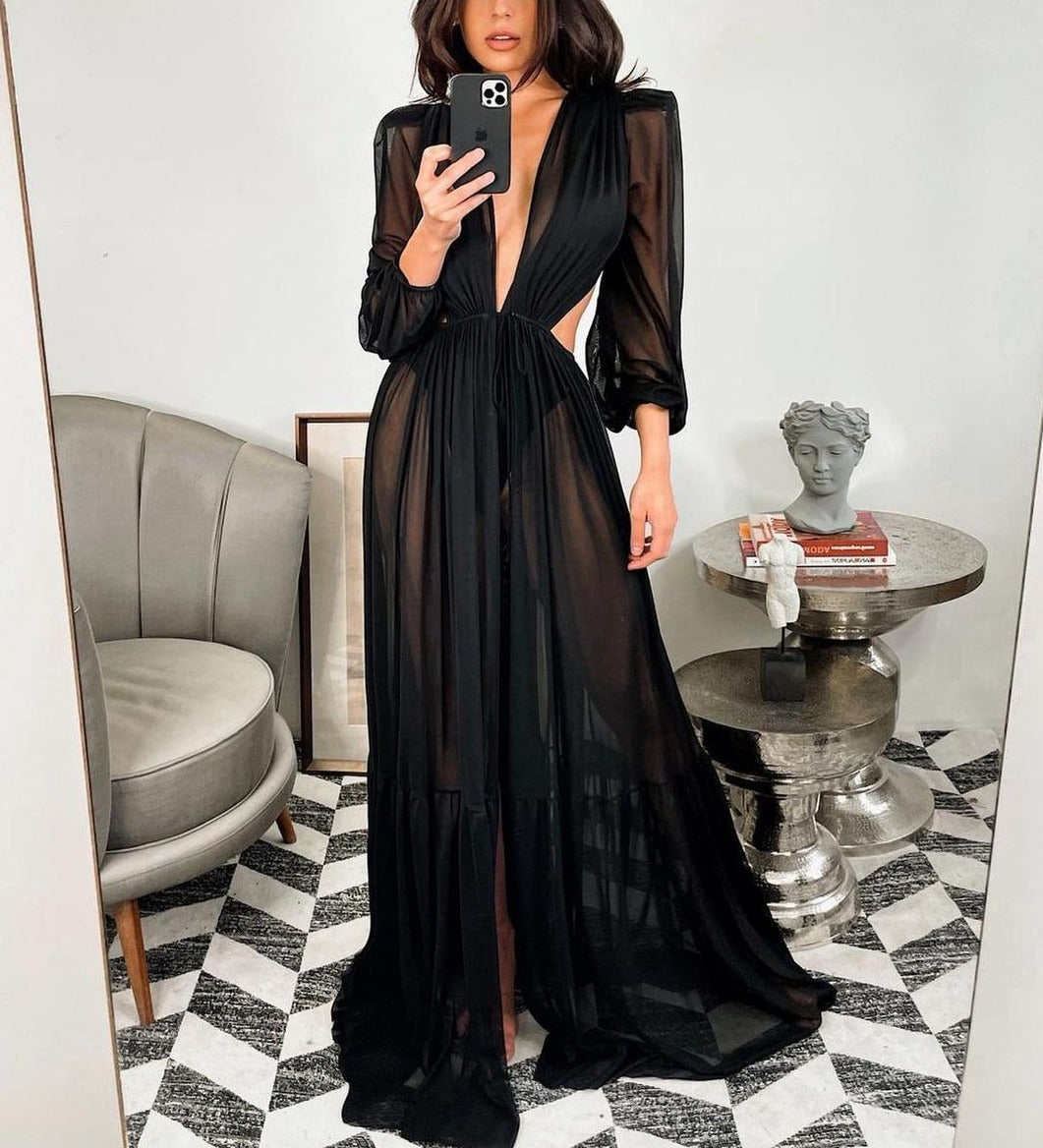 Black Deep V-neck Cover Up - Ladylim