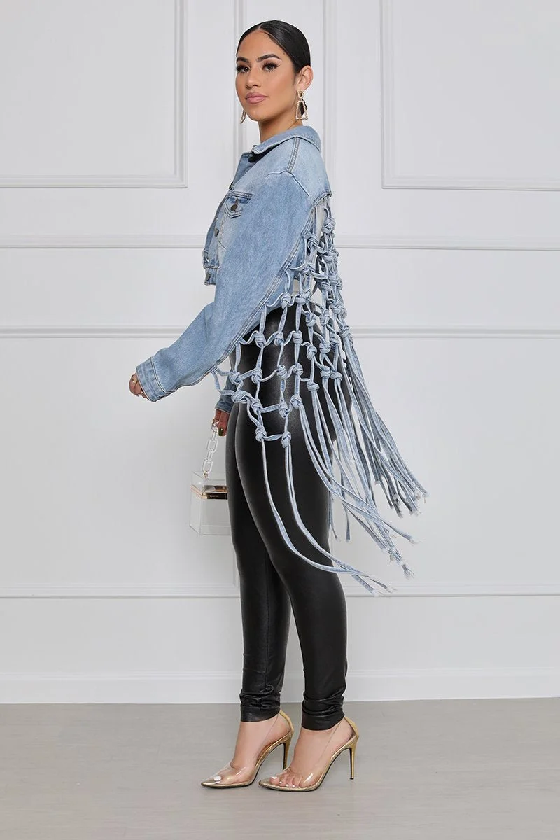 Back Knotted Fringe Denim Jacket Long Sleeve Coat