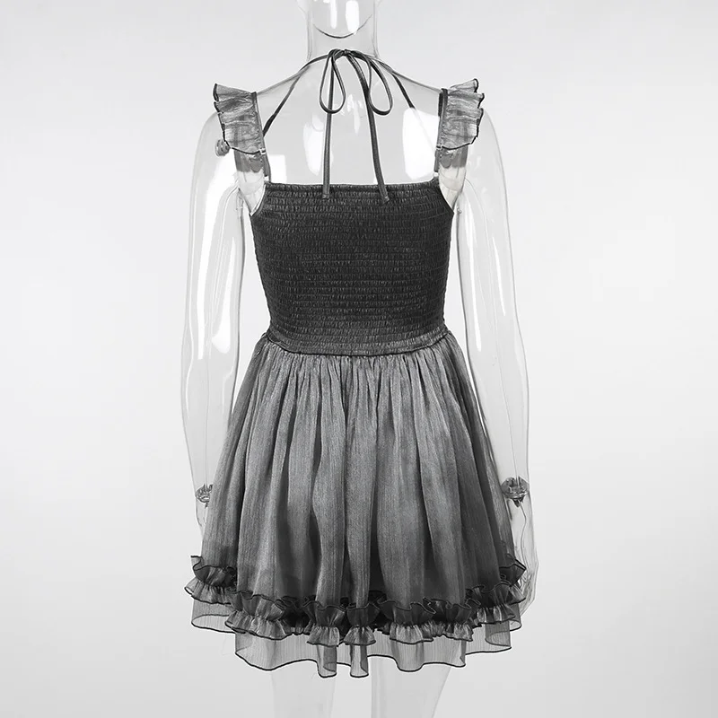 OPEN BACK MESH STRAP PUFFY DRESS