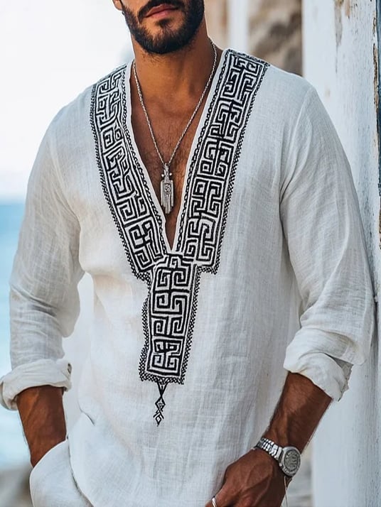 Men's Vintage Greca Pattern Linen V-Neck Shirt