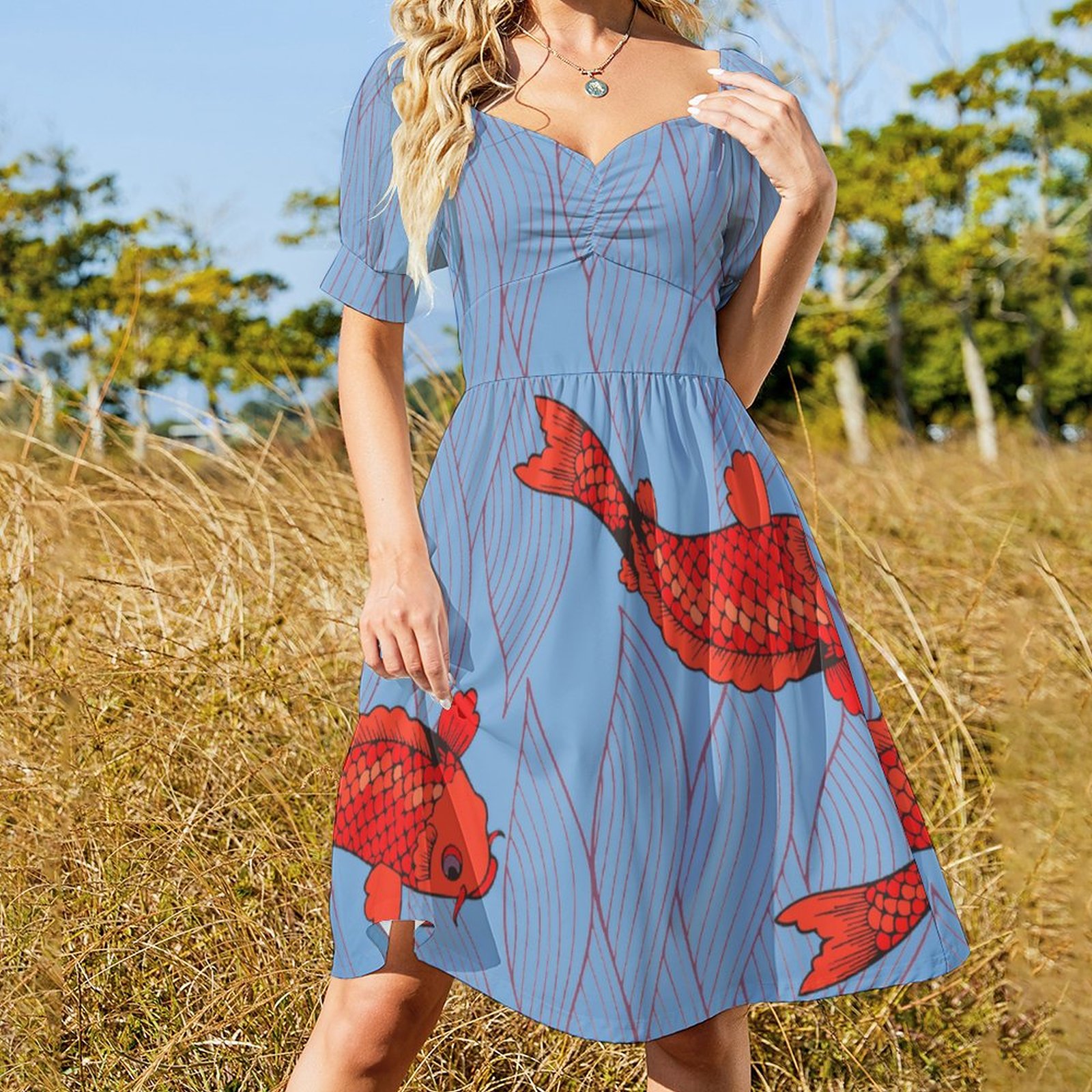 Koi Fish And Japanese Wave Pattern Short Puff Sleeve Mini Dress Women ...