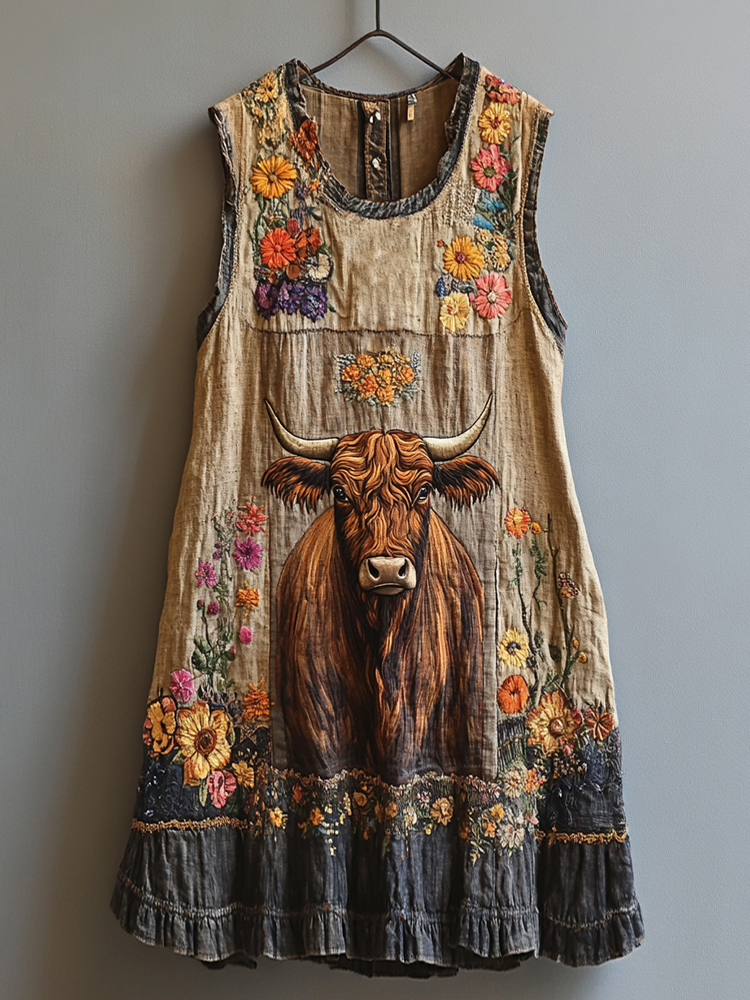 Vintage Floral With Highland Cow Embroidered Cozy Linen Midi Dress