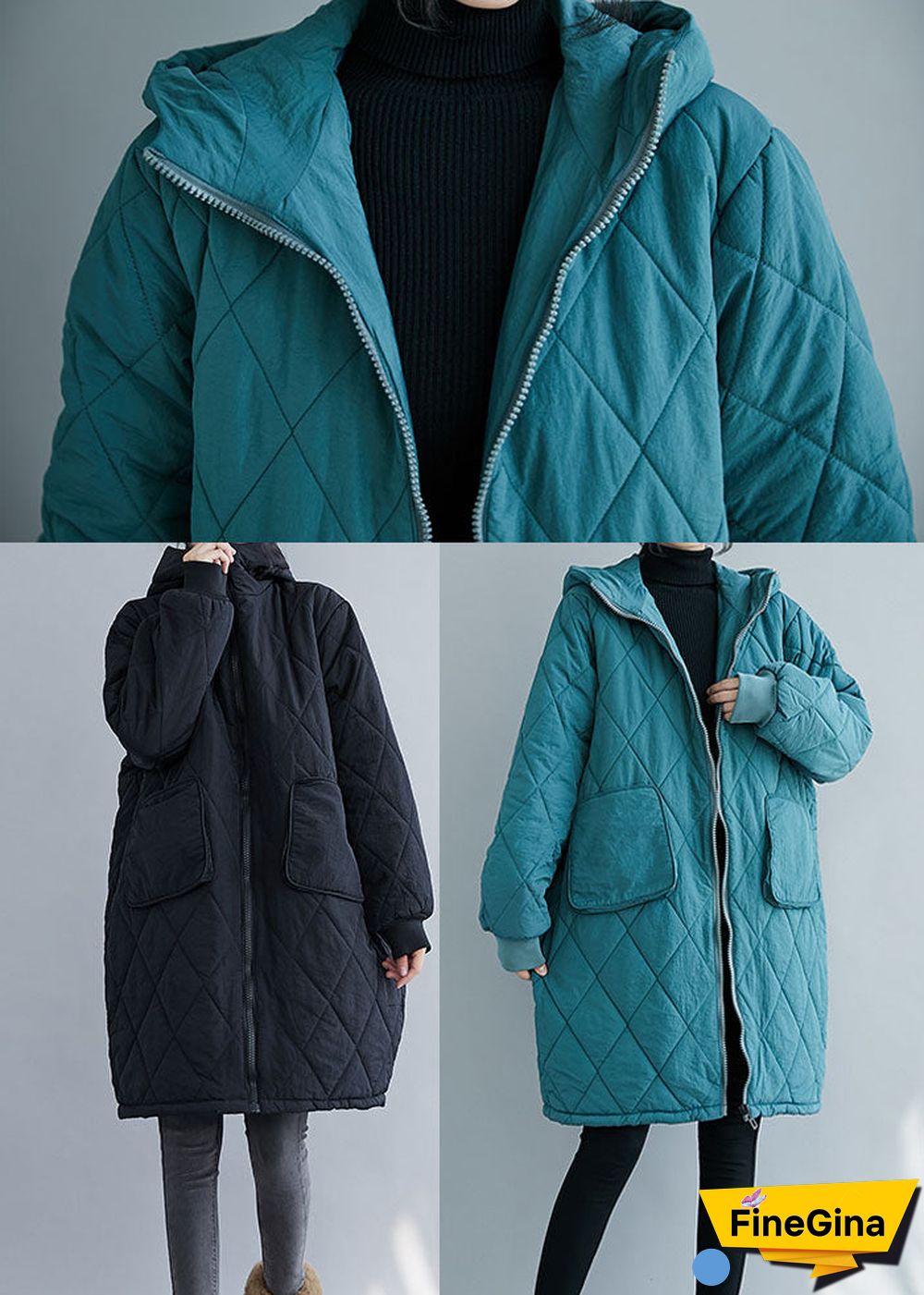 FineGina Elegant Blue Zip Up thick Fine Cotton Filled Parka Winter