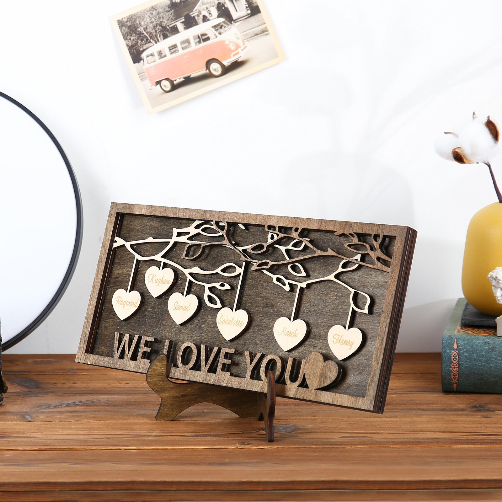 Personalized Family Tree Wood Frame Custom 6 Names Home Decor Gift