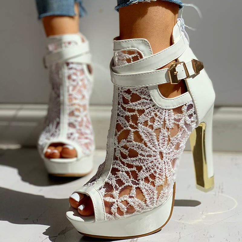 White Lace Block Heel Ankle Boots with Peep Toe Vdcoo
