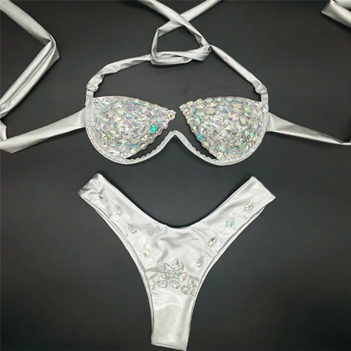 Uveng Big Gems Rhinestones Bikini Set Women Sexy Push Up Bra High Cut ...