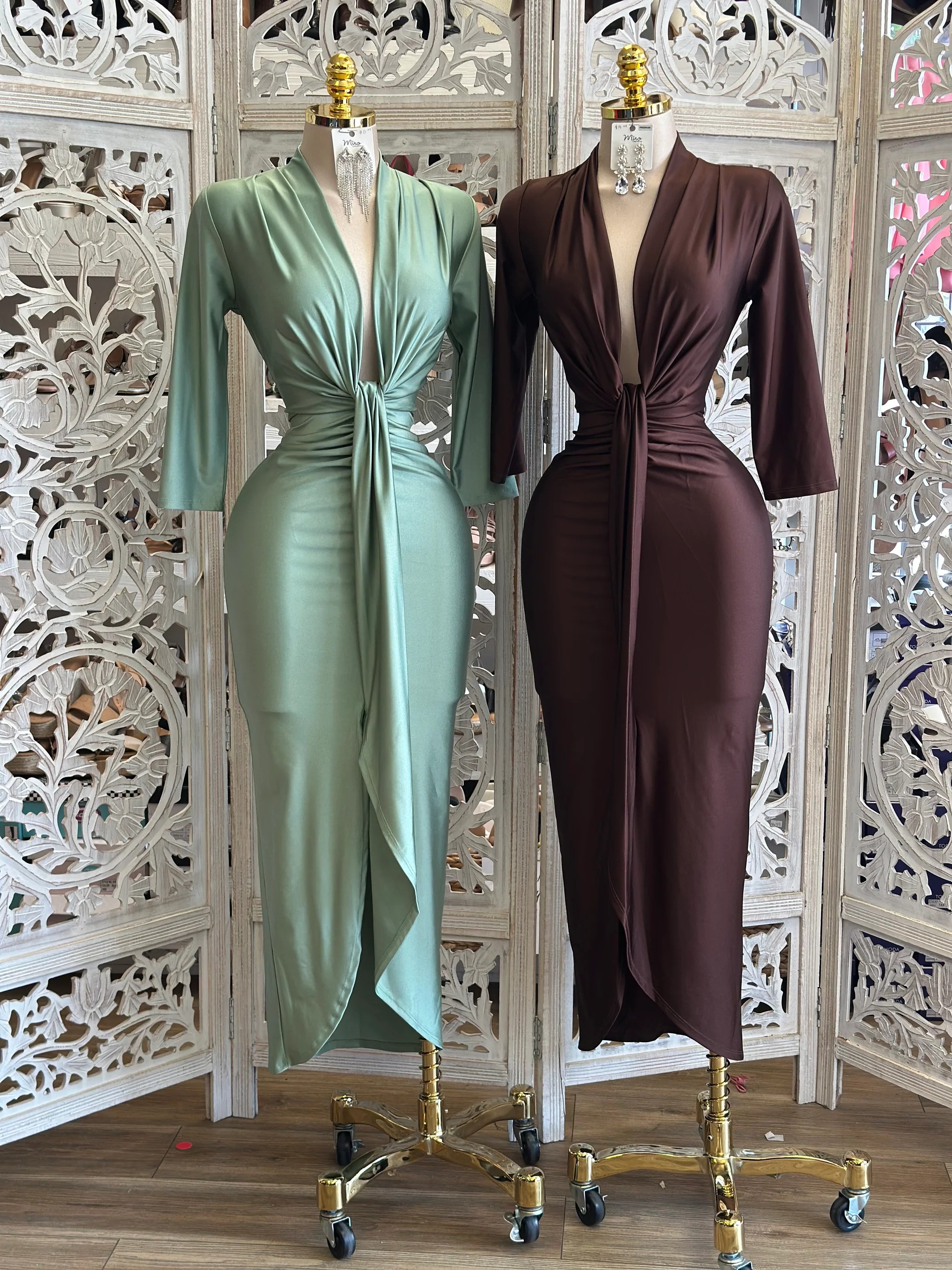 Deep V Knot Front Midi Dress