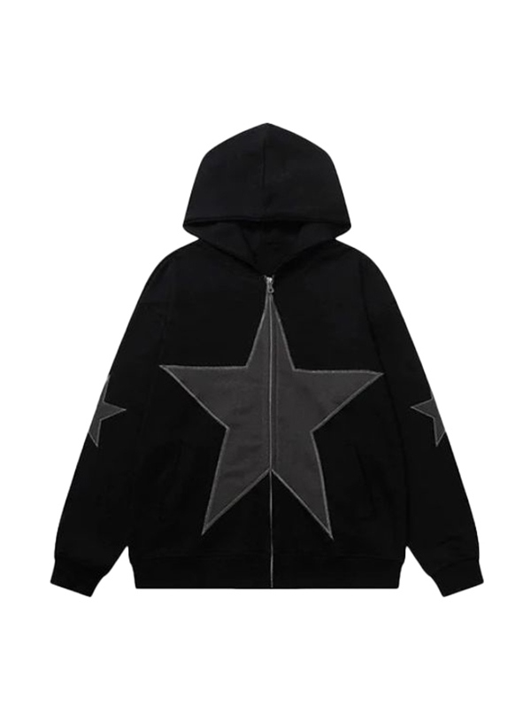 FineGina Star Patchwork Zip Up Oversized Hoodie