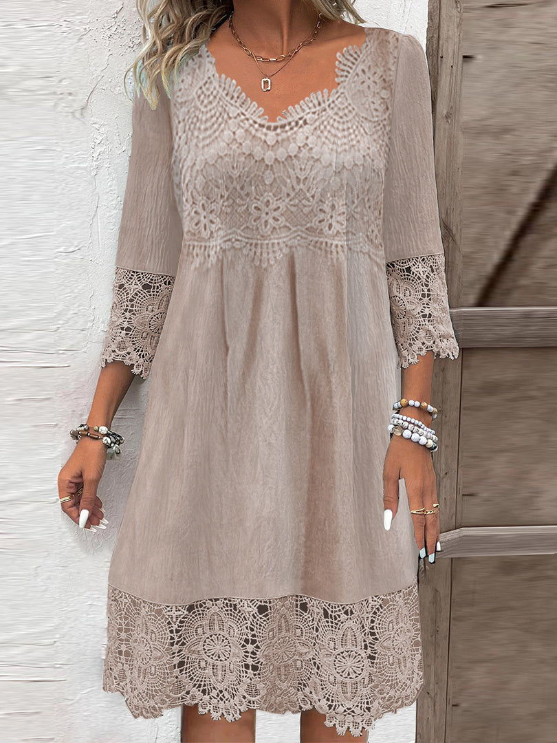 Womens 3 4 Sleeve V Neck Solid Color Lace Midi Dress