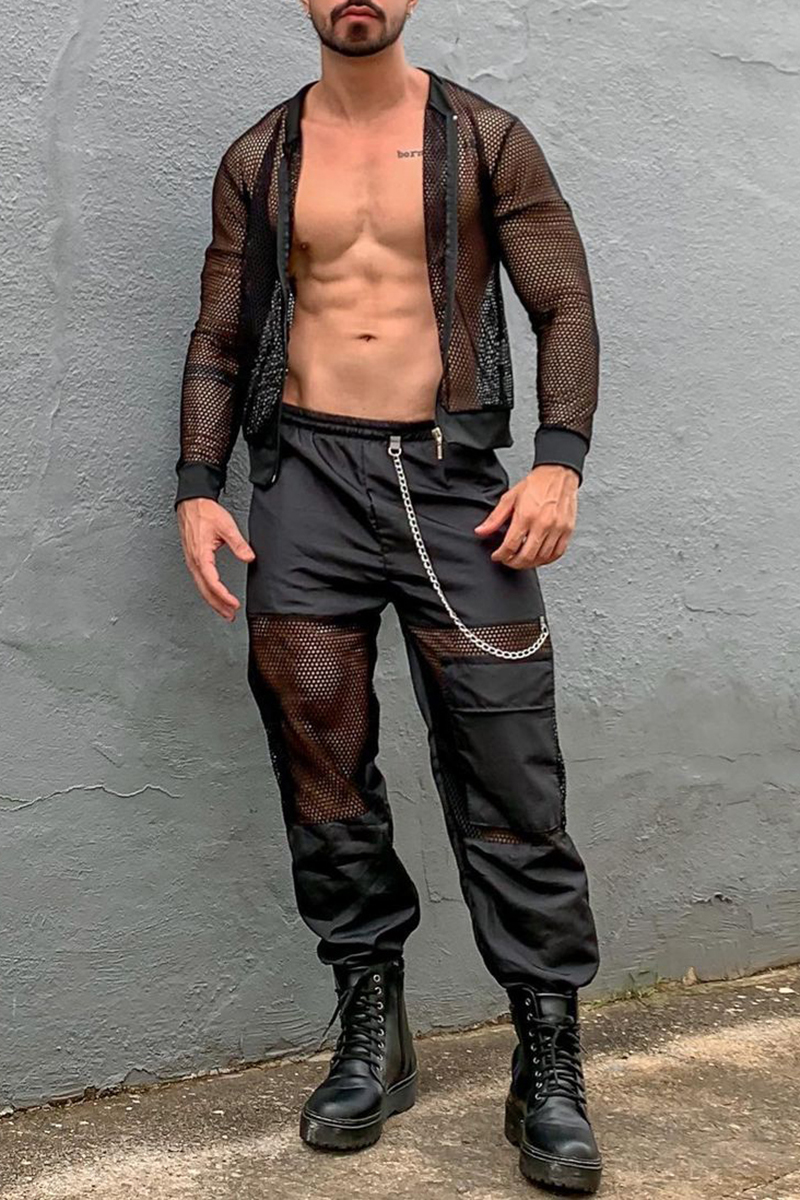 Ciciful Fishnet See-Through Jacket Patchwork Pants Black Two Piece Set