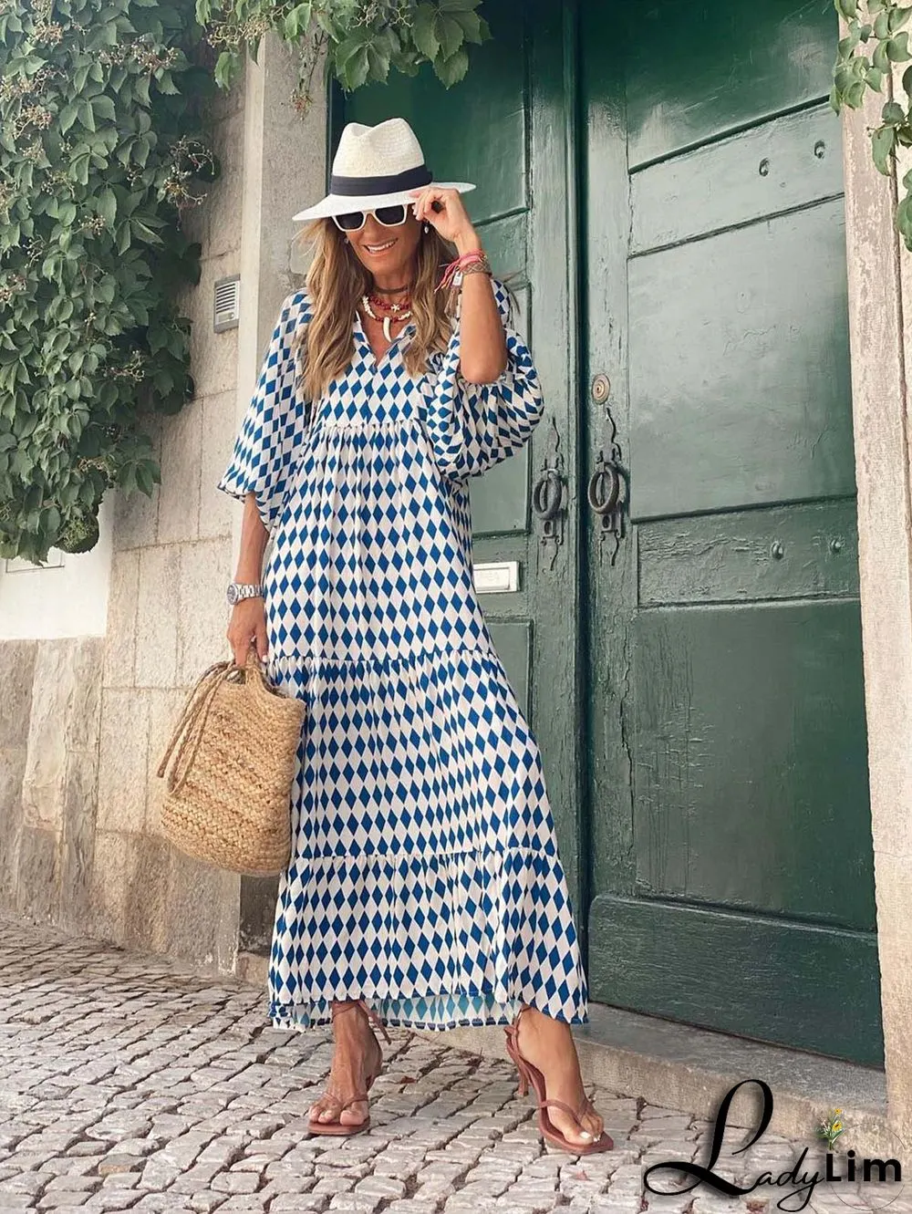 Geo Print V Neck Puff Sleeve Tiered Maxi Dress - Ladylim