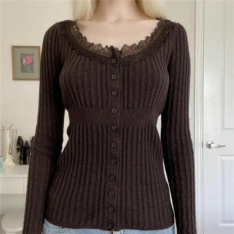 Uveng Vintage Sweaters y2k 2000s Women Lace Trim Button-up Knitted Long ...