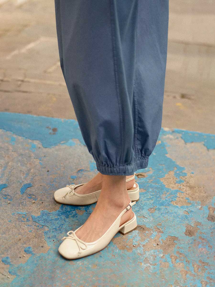 White Patent Leather Round Toe Bow Inlay Slingback Pumps for Ladies