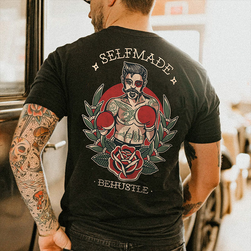 SELFMADE BEHUSTLE Boxing Man with Flowers Black Print T-shirt