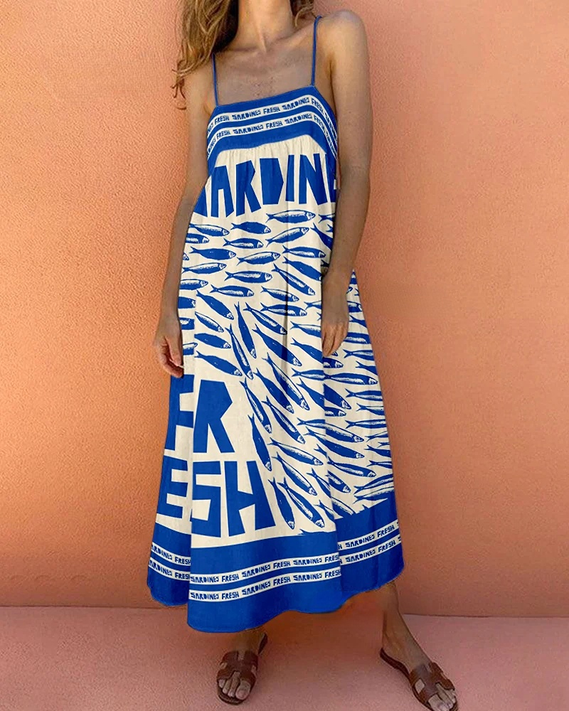 Vintage blue sardine print slip dress