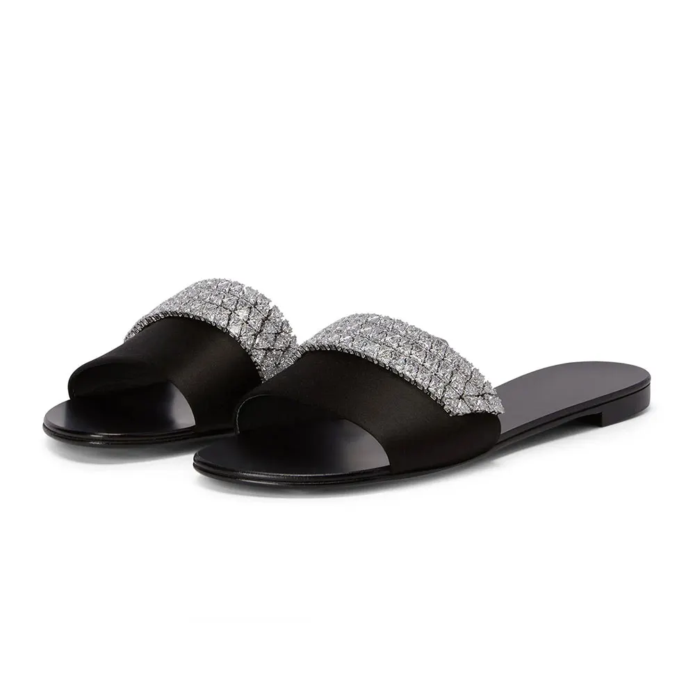 Black Satin Open Toe Flat Casual Slides for Women with Rhinestone