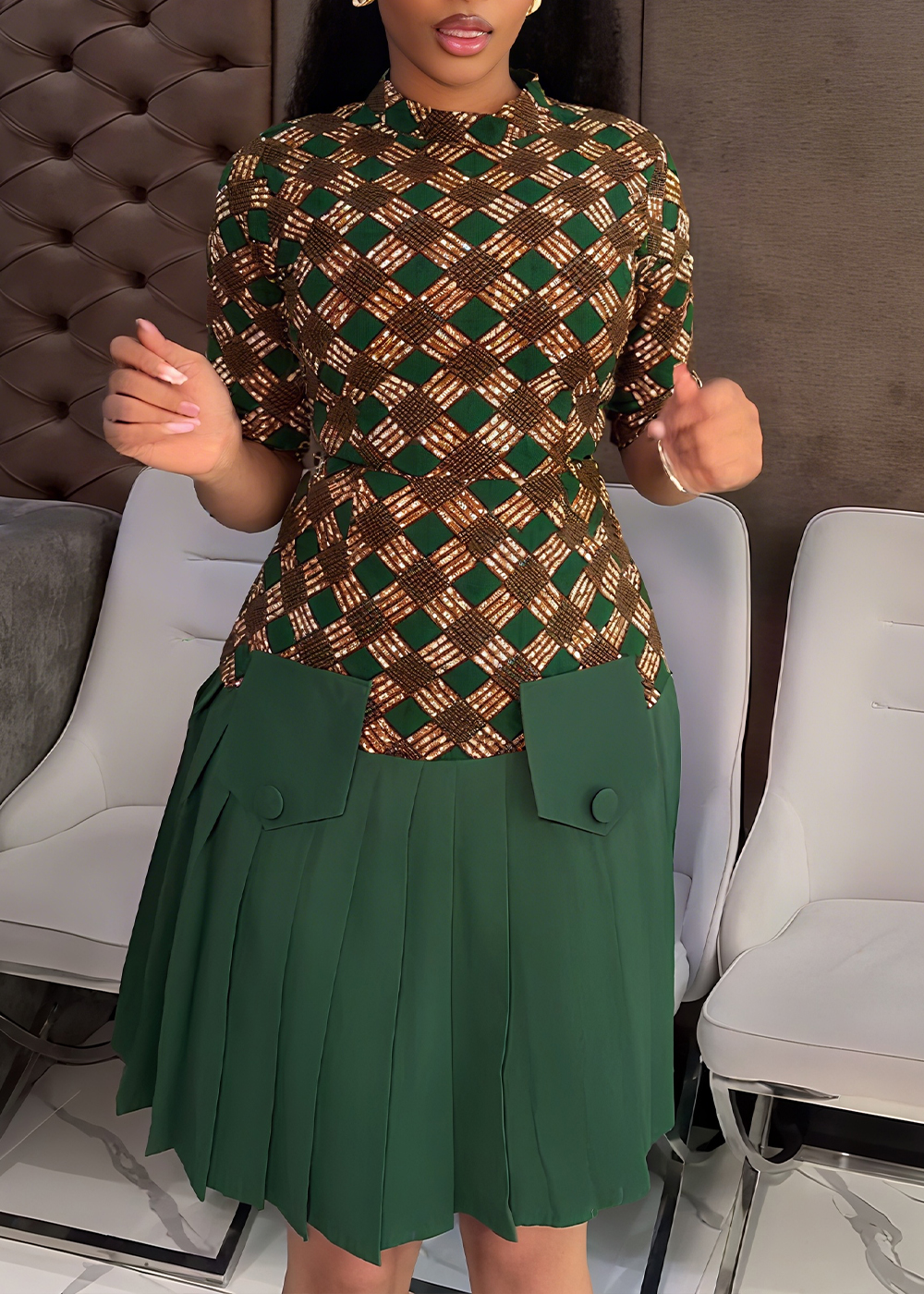 Elegant Green and Brown Patterned Dress with Pleated Skirt