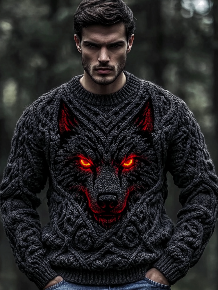 Dravoks Men's Wolf Inspired Viking Celtic Jacquard Cozy Sweater