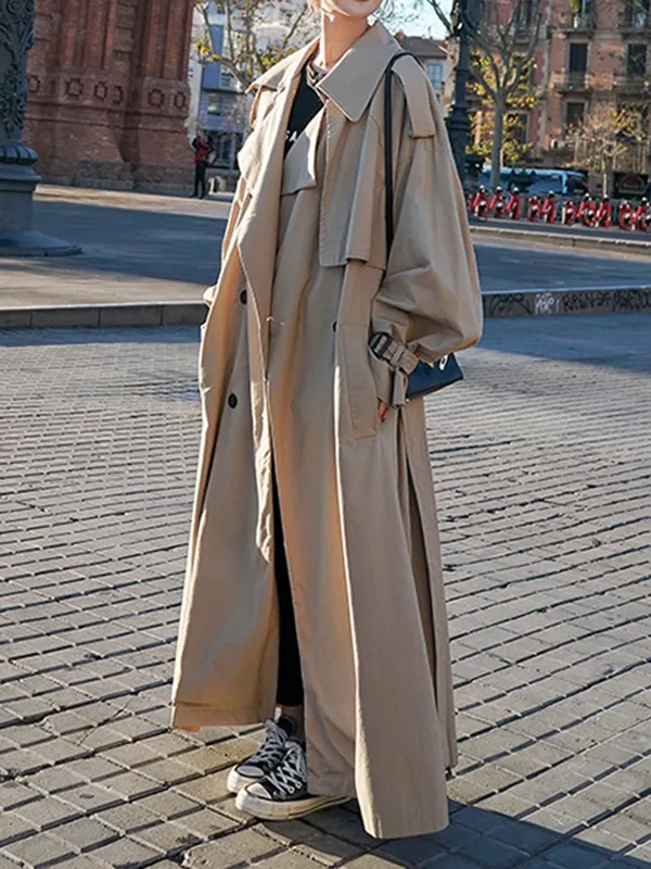 Buckle-Embellished Trench Coat with Split-Back and Lapel Collar