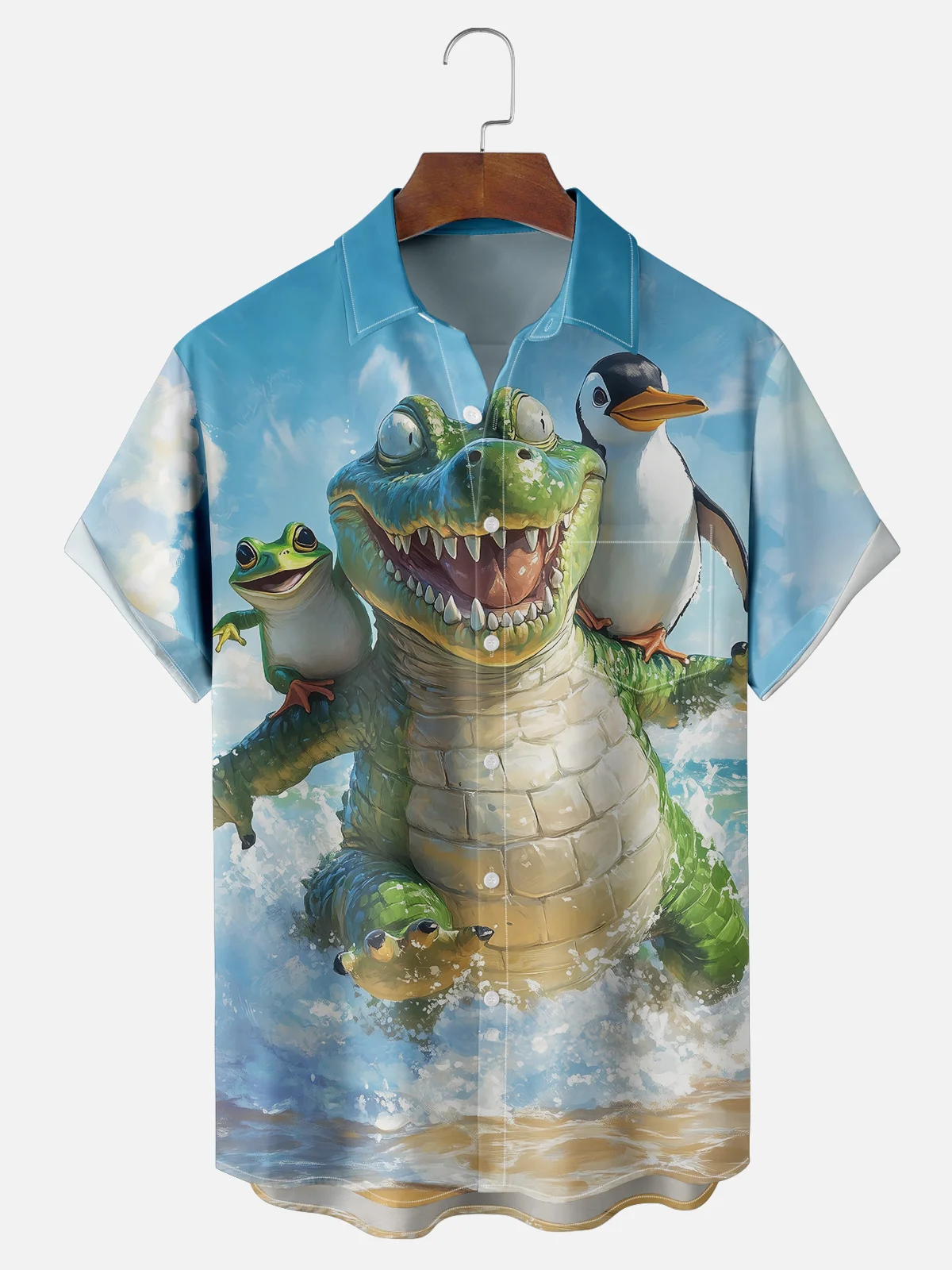 Moisture Wicking Gator Penguin Frog Surf Chest Pocket Hawaiian Shirt