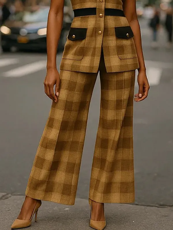 Contrast Color Plaid High Waisted Wide Leg Trousers Pants