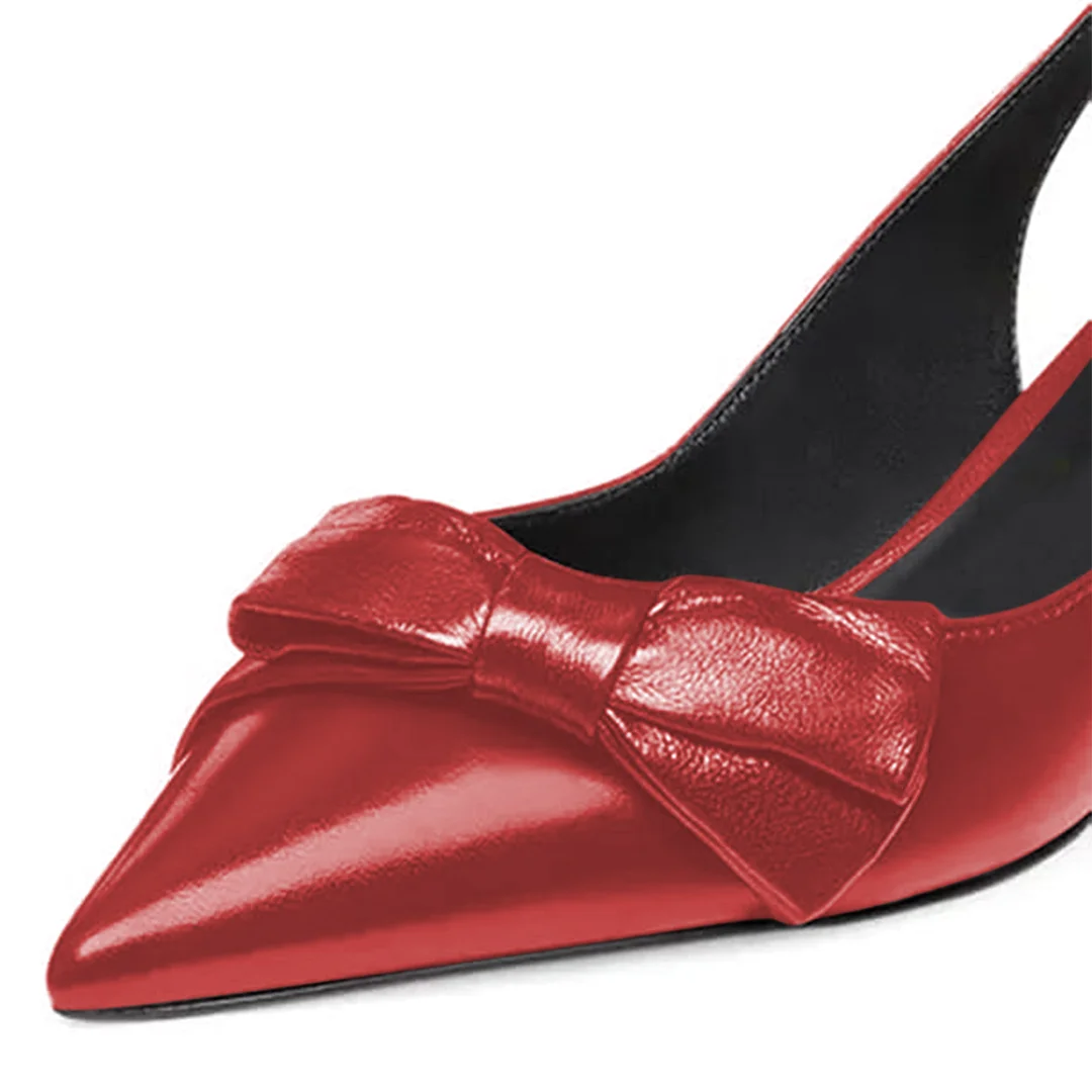 Red Vegan Leather Pointed Toe Kitten Heel Slingback Pumps with Bow