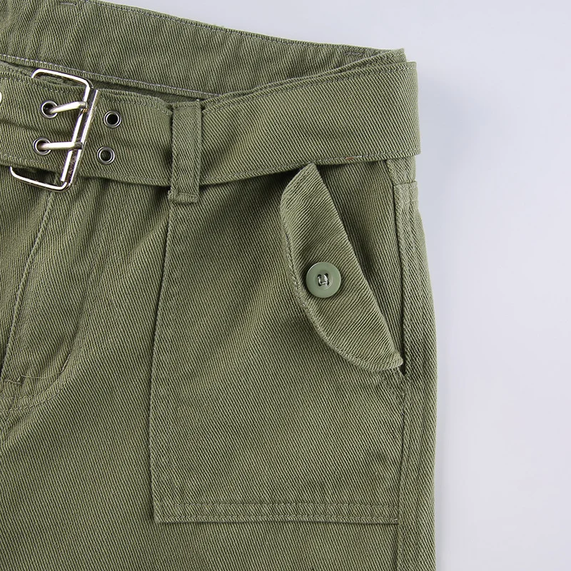 ARMY GREEN FLOWER EMBROIDERED CARGO BELTED JEANS