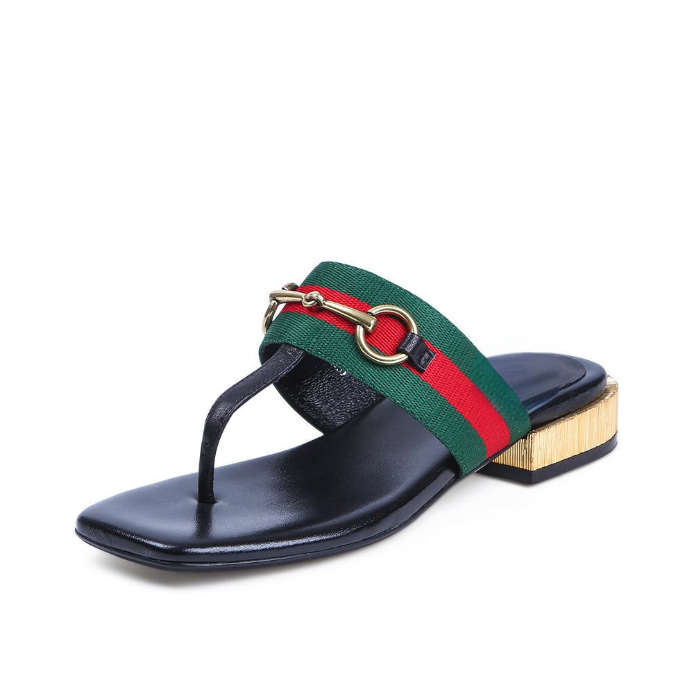 GOOSHOE Dark Green Elastic Belt Flip-flops Sandals
