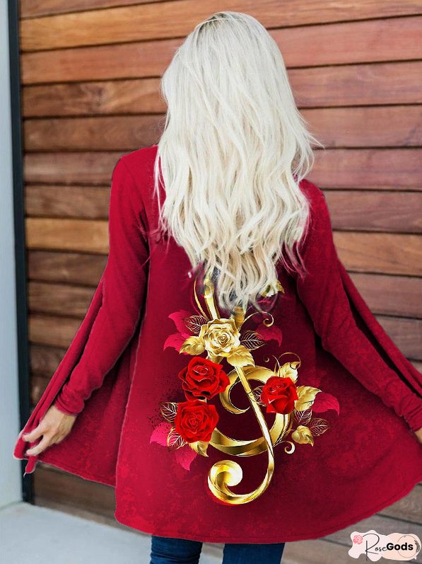 Musical Notes With Red Roses Long Sleeve Cardigan