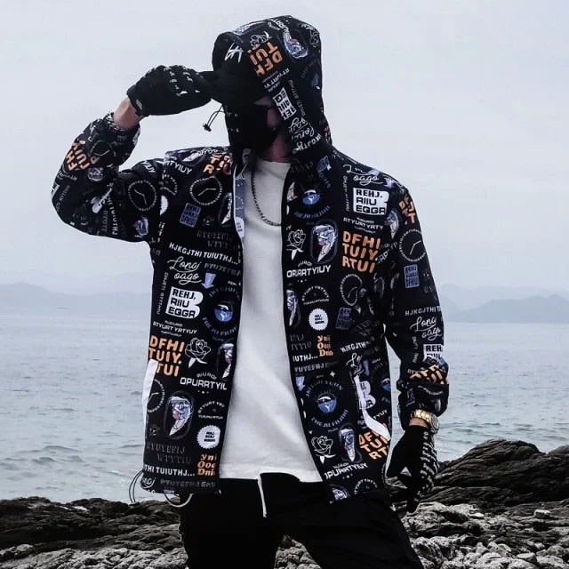 Graffiti Print Jacket Men Hip Hop Windbreakers Hoody Jacket Slim Fit ...