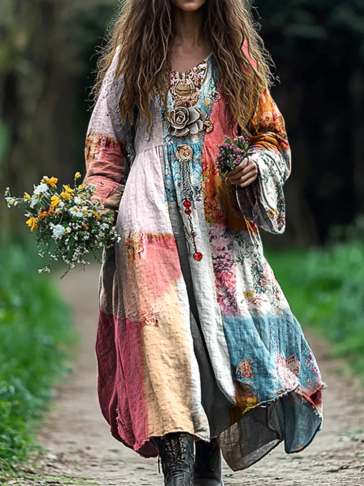 Women's Vintage Bohemian Floral Patch V-neck Cotton And Linen Dress 40.99