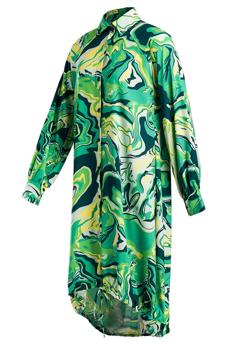 Sexy Print Draw String Asymmetrical Turndown Collar A Line Dresses